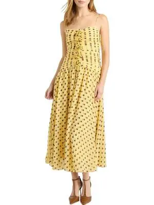 Cinq À Sept Ruched Polka Dot Floral Appliqué Dress - Lemon Puff/deep Plum