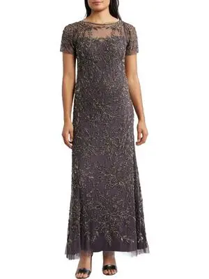 Pisarro Nights Beaded Floral Mesh Gown - Slate 421