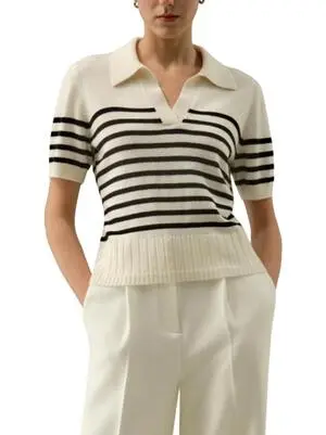 Lilysilk Striped Cashmere Polo Sweater - Black Striped