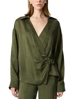 NOCTURNE Logo Buckle Wrap Blouse - Dark Green