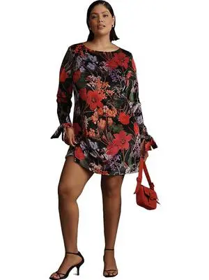 HUTCH Long-sleeve Velvet Shift Dress - Black Multi Winter Garden