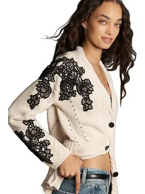 Anthropologie Embroidered Cable-knit Cardigan Sweater - Black & White