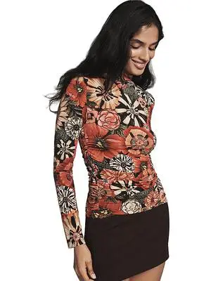 Farm Rio Flowershop Jersey Mock-neck Long-sleeve Top - Flowershop Mini Black