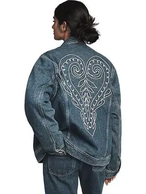 Farm Rio Cornely Embroidered Denim Trucker Jacket - Medium Denim
