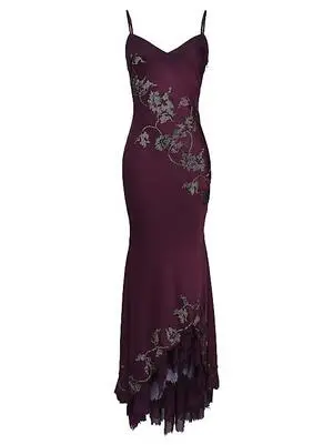 House Of Cb Anastelle Hand-beaded Satin Maxi Gown - Plum