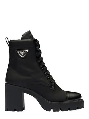 Prada Re-nylon Logo-plaque Leather And Recycled-nylon Heeled Boots - Black