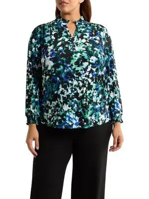 Anne Klein Printed Ruffle Neck Top With Smocked Cuffs - Anne Black Multi