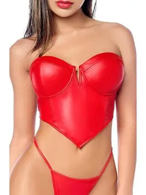 MAPALE Faux Leather Bustier And Thong Set - Red