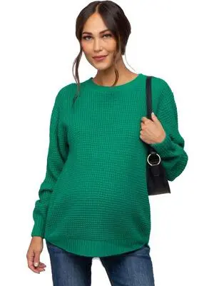 PINKBLUSH Waffle Knit Round Hem Sweater - Emerald Green