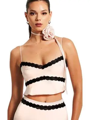 MISS CIRCLE Lace Trim Satin Strappy Top - Beige