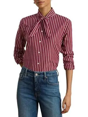 Ralph Lauren Stripe Cotton Tie Neck Button-up Shirt - Burgundy/white Multi