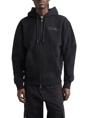 Burberry Logo Embroidered Cotton French Terry Zip Hoodie - Black