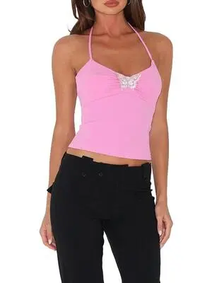 TIGER MIST Celestine Embroidered Butterfly Halter Top Pink
