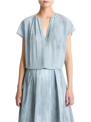 Vince Washed Ombré Silk Gathered Cap-sleeve Blouse - Red