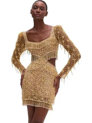 PatBO Crystal Embroidery Long Sleeve Mini Dress - Gold