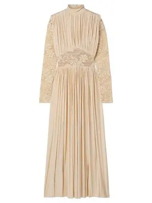 Zimmermann Ruched Stretch-jersey Maxi Dress With Lace - Cream
