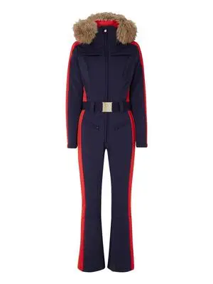 Goldbergh Suvi Belted Hooded Plush-trimmed Padded Down Ski Suit - Blue