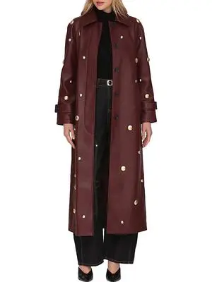 Avec Les Filles Studded Faux Leather Belted Trench Coat - Mulberry
