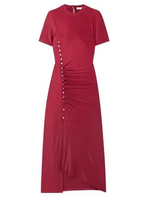 Rabanne Button-detailed Gathered Jersey Midi Dress - Red