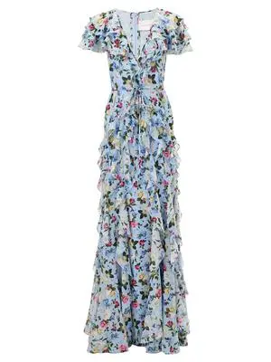 Carolina Herrera Ruffled Garden Floral Silk Chiffon Gown - Light Blue