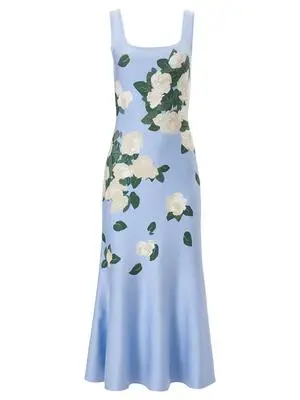 Carolina Herrera Scoop Neck Floral Knit Midi Dress - Light Blue