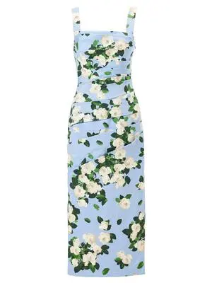 Carolina Herrera Draped Painted Rose Cotton-blend Midi Dress - Light Blue