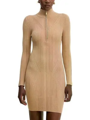 Guess Ribbed Zip-neck Mini Dress - Neutrals