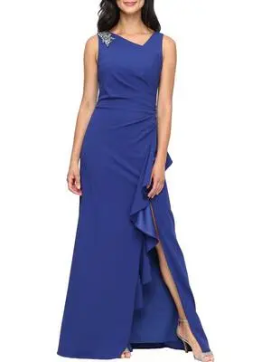 Alex Evenings Stretch Crepe Gown With Ruffle Detail - Cobalt