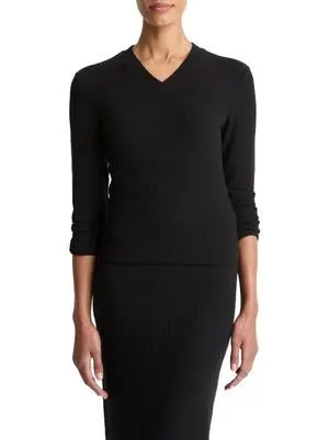 Vince Cozy Ribbed V-neck Top - Black