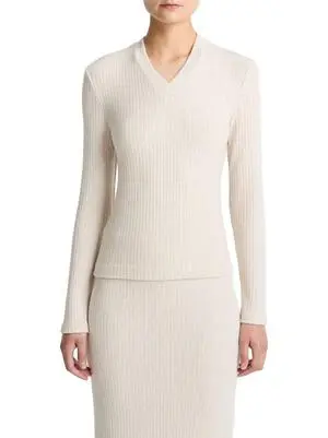 Vince Cozy Ribbed V-neck Top - Heather Cream Oat
