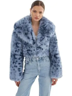 LAMARQUE Danika Leopard Print Faux Fur Crop Jacket - Blue Leopard