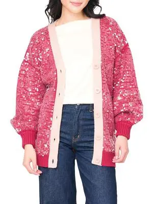 GIBSONLOOK Colorblock Sequin Cardigan - Cerise/pink Smoke