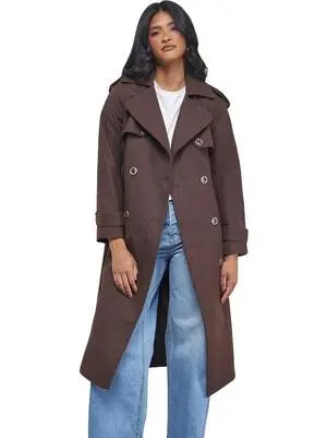 WAREHOUSE Wool Mix Belted Trench Coat - Chocolate