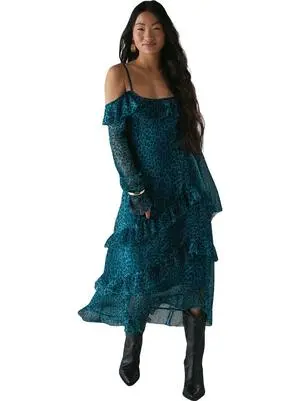 WAREHOUSE Ruffle Cold Shoulder Midi Dress - Leopard