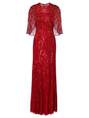 Jenny Packham Violetta Embellished Caped Gown - Red