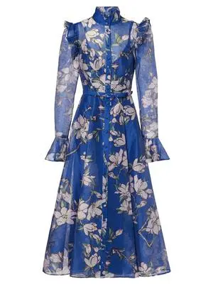 LEO LIN Katrina Floral Linen-blend Midi Dress - Blue