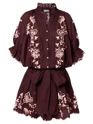JULIET DUNN Embroidered Cotton Minidress - Brown