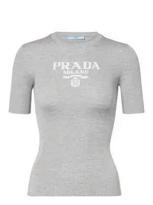 Prada Logo Ribbed-trim Silk T-shirt - Grey