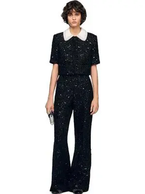 Sandro Rhinestone Tweed Trousers - Black