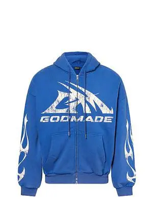 GODMADE Graphic-print Washed Cotton Hoody - Blue