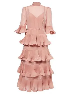 Zimmermann Woven Midi Dress With Ruffle Trims - Lipstick