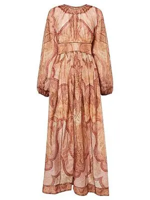 Zimmermann Floral Metallic-thread Long-sleeve Woven Midi Dress - Tapestry Burgundy Multi
