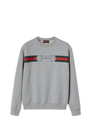 Gucci Cotton Jersey Sweatshirt With Web Print And Horsebit Embroidery - Grey