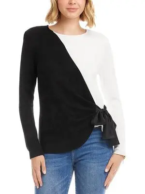 Karen Kane Long Sleeve Colorblock Satin Bow Top - Black/ Ivory
