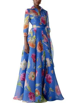 Carolina Herrera Belted Trench Silk Gown - Bluebell Multi
