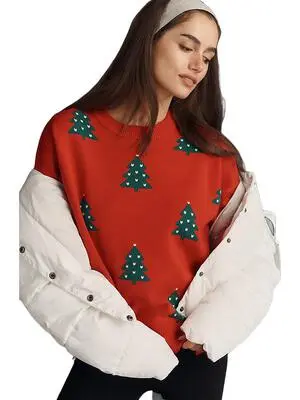 Beach Riot Beach Riot Callie Festive Crew-Neck Sweater Red Pattern