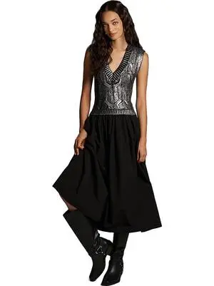 PILCRO Sleeveless V-neck Foil Twofer Midi Dress - Black / Silver Foil