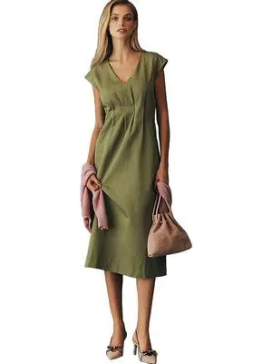 Maeve Linen Blend Waisted Midi Dress - Loden Green