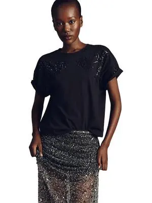 Rag & Bone Short-sleeve Beaded Floral Top - Black
