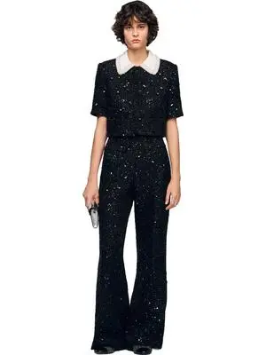 Sandro Straight-leg Tweed Trousers With Embellishments - Black